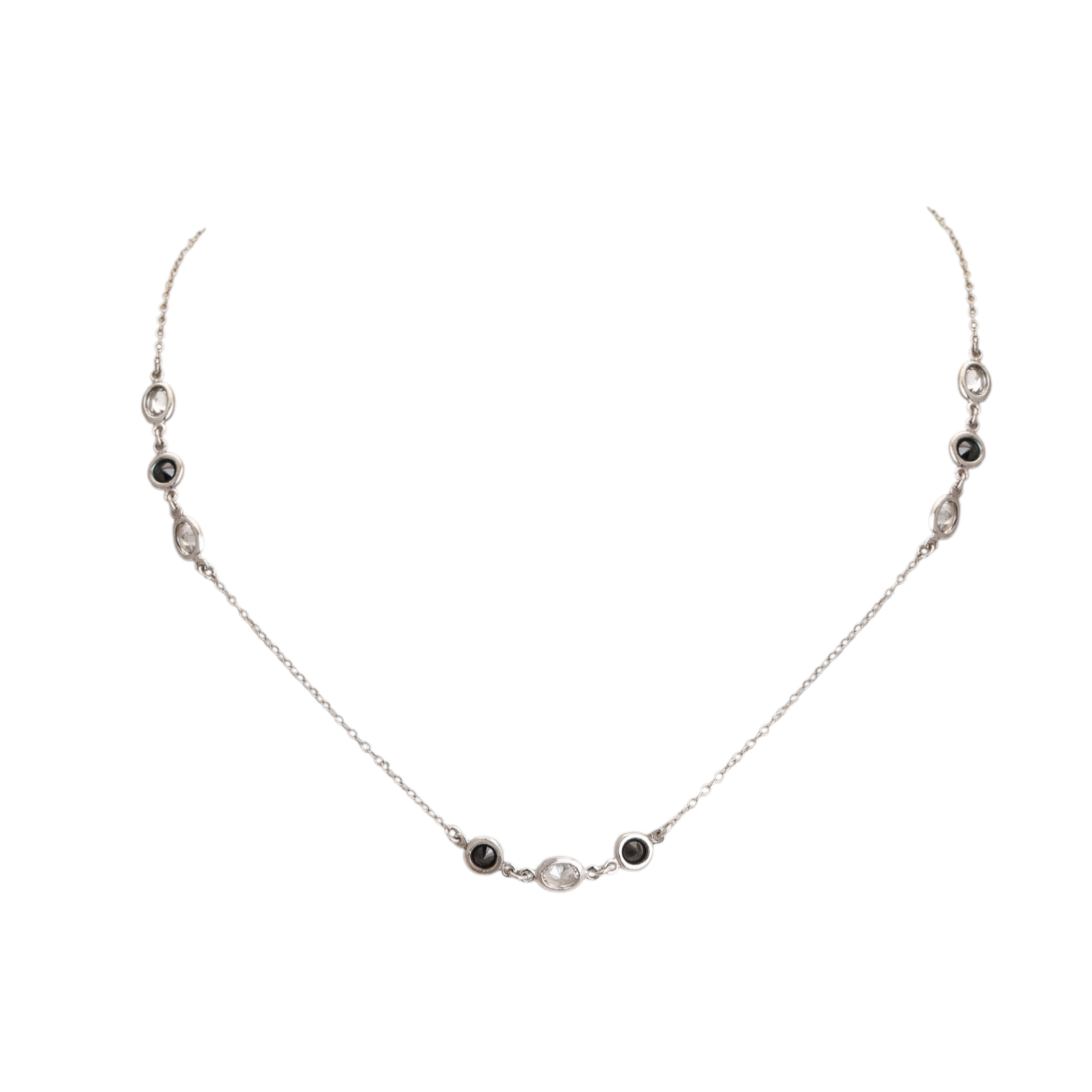 Dainty Silver Chain Necklace with Black and Clear Crystal Stones by PC ...